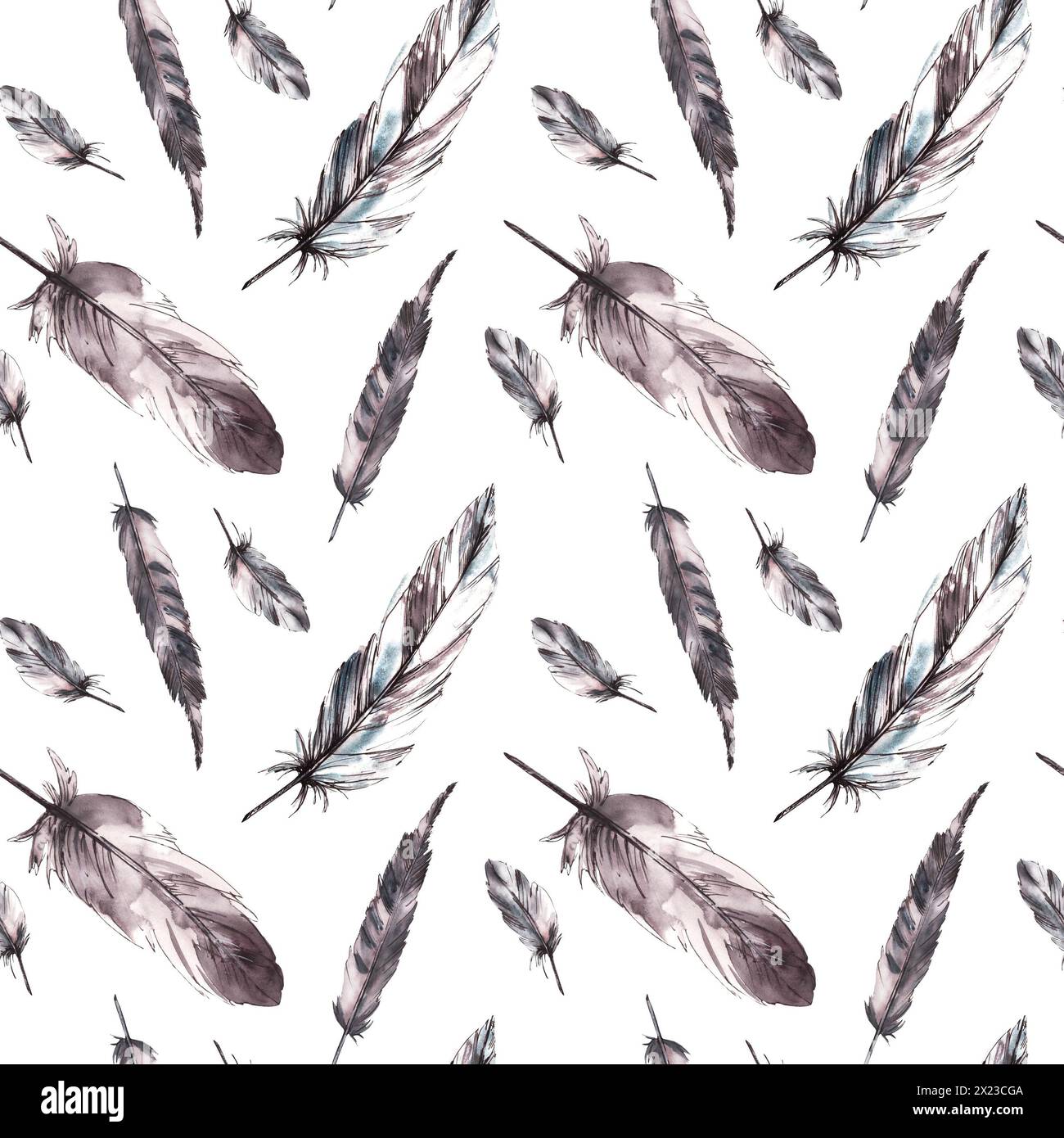 Watercolor bird feathers seamless pattern with monochrome feathers ...