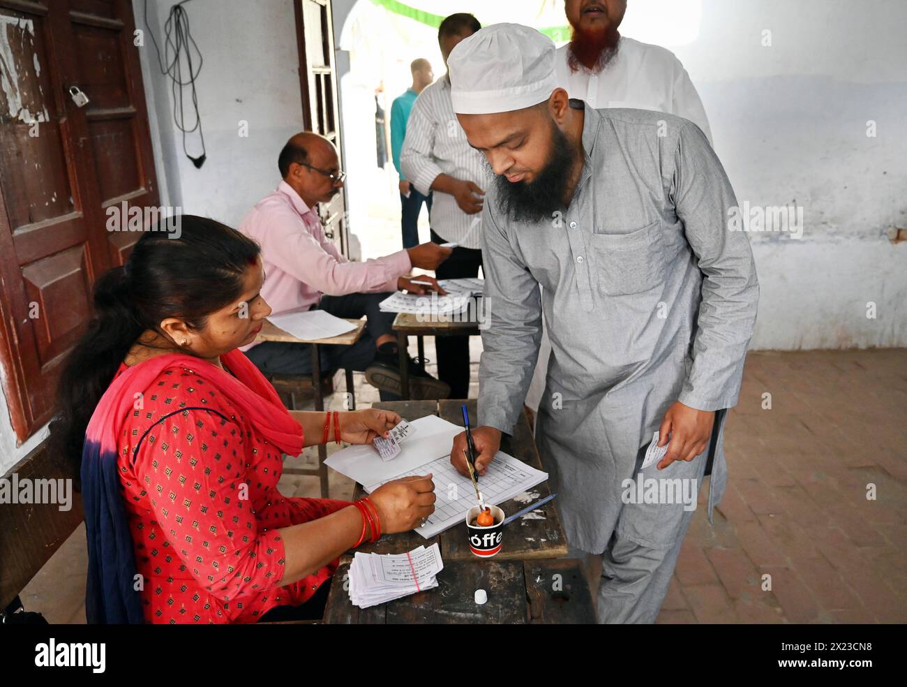 MUZAFFARNAGAR, INDIA - APRIL 19: Election officers checking the ...