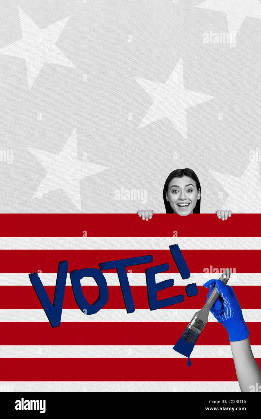Vertical creative collage picture young happy cheerful girl hiding vote ...
