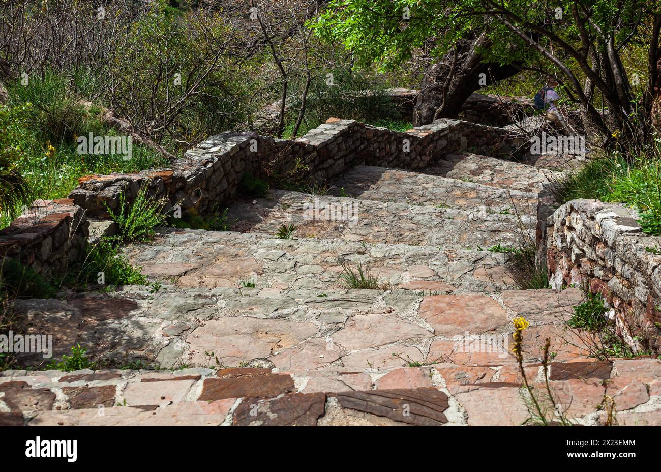 A staircase made of stone leads down several flights in the park at the ...