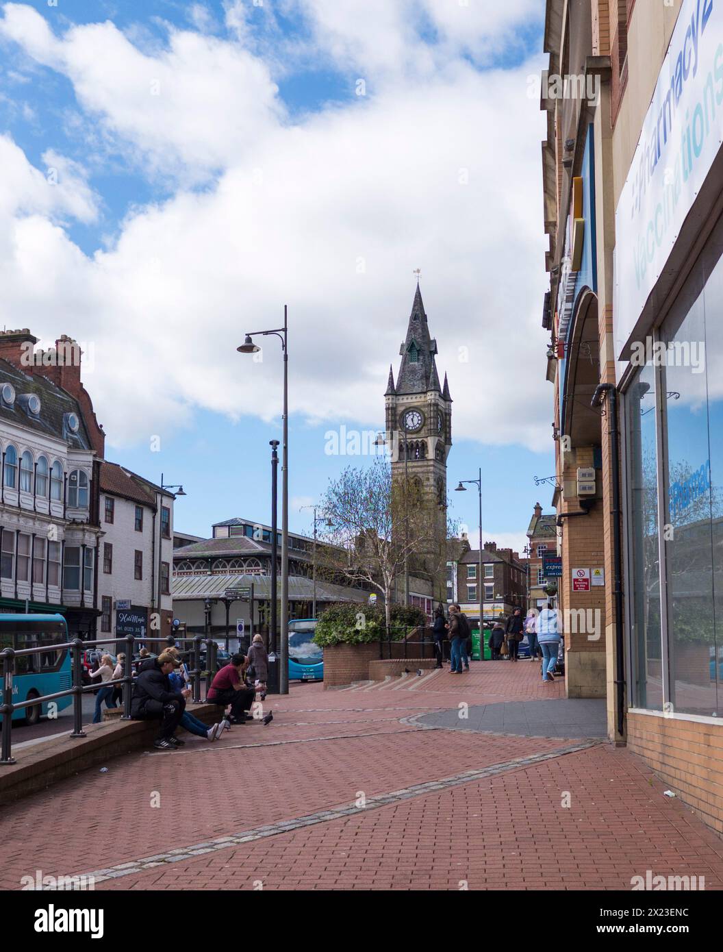 Street scene in Tubwell Row,Darlington,England,UK with Town Clock in ...