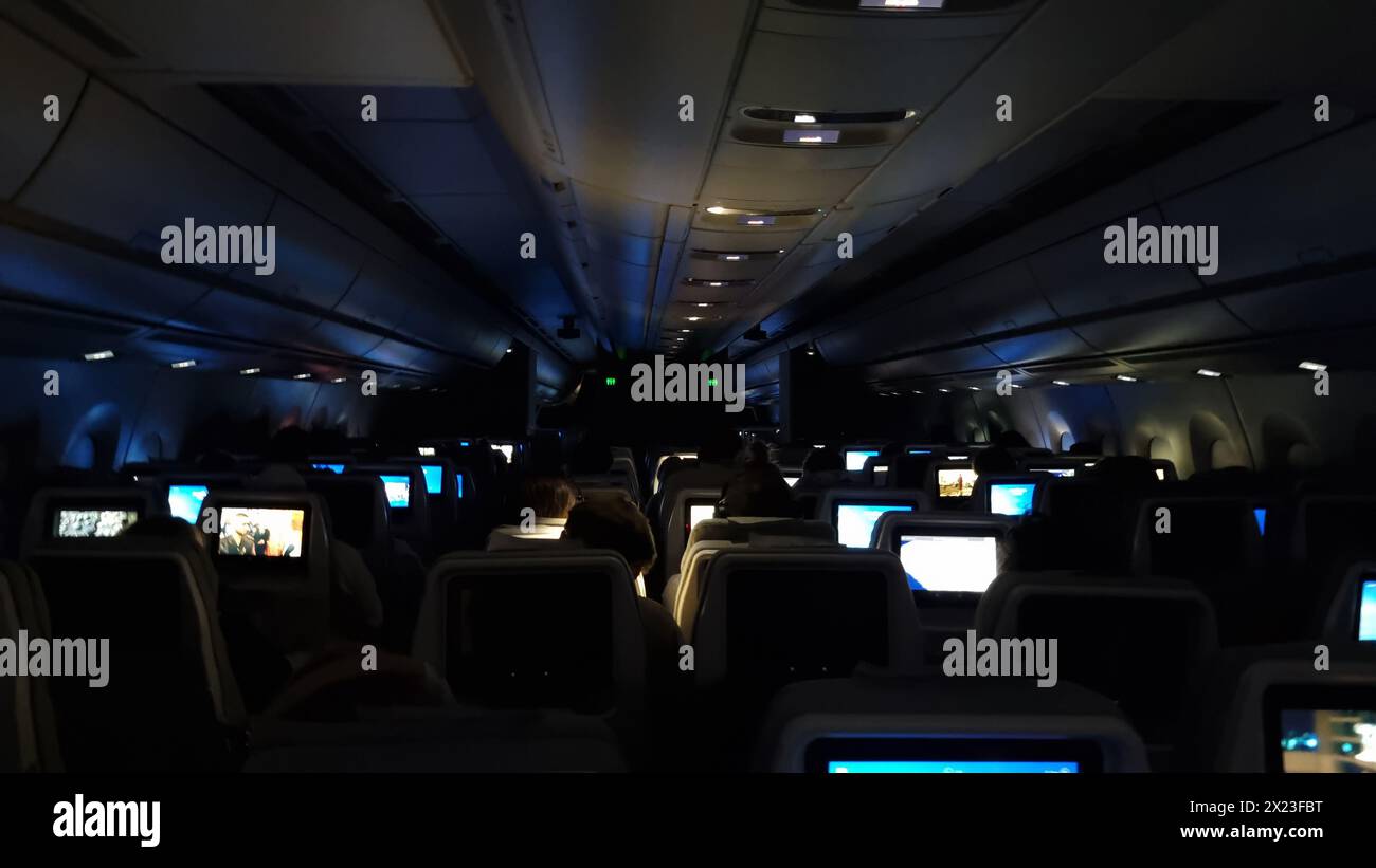 Quiet atmosphere inside the plane in the middle of the night Stock ...