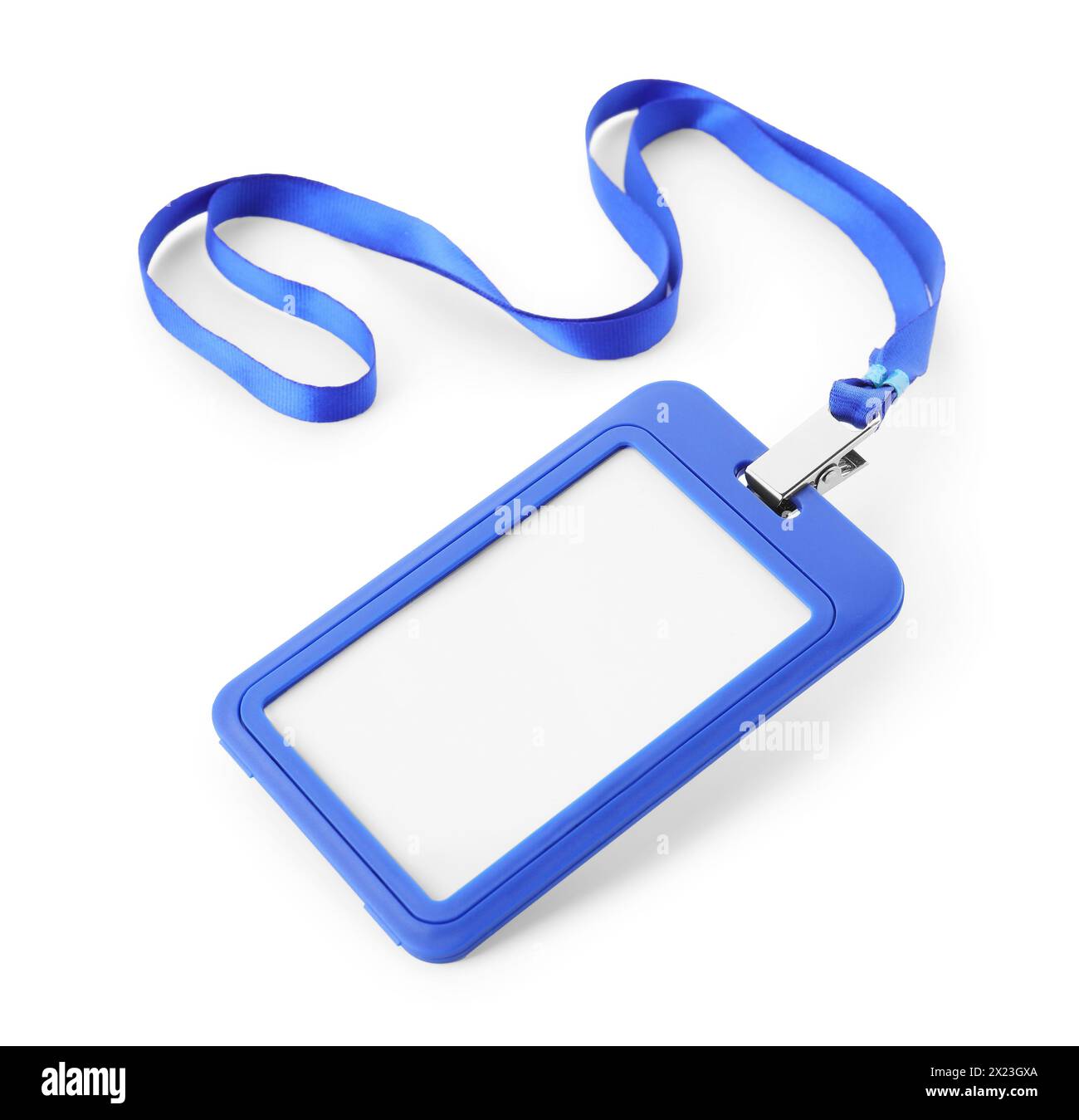Blank blue badge with string isolated on white Stock Photo - Alamy