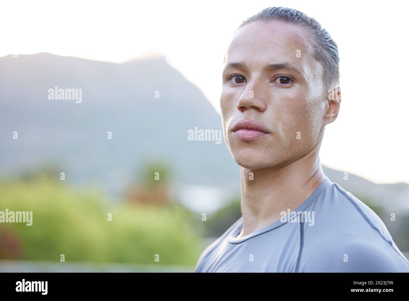 Fitness, man and portrait outdoor on break from workout, sport training and exercise in nature ...
