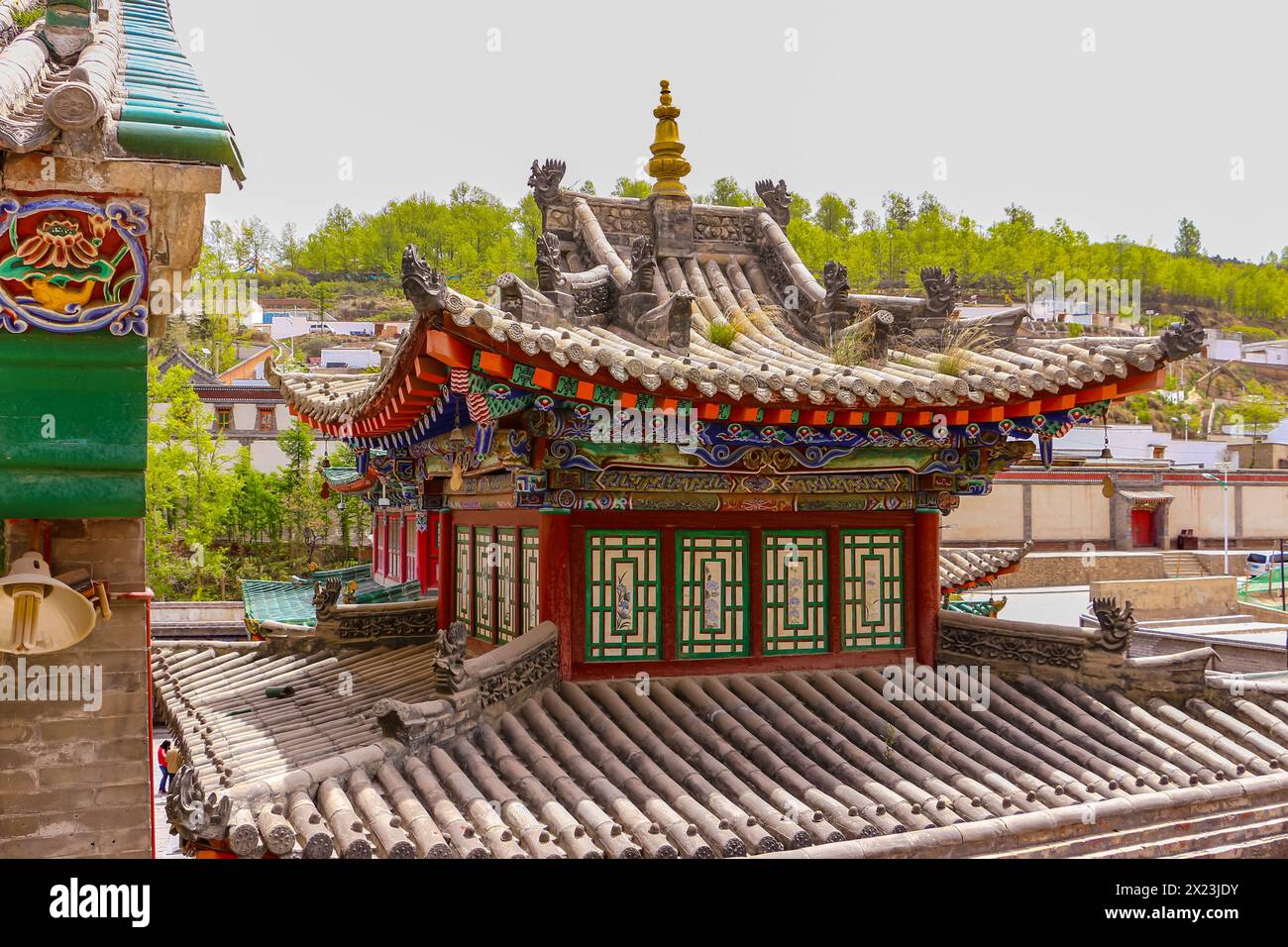 Artfully constructed roof of a pagoda on a temple in the Tibetan Kumbum ...