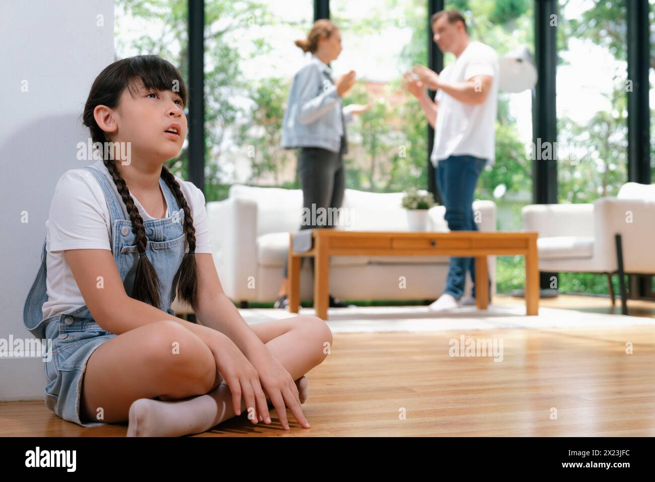 Stressed and unhappy young girl huddle in corner crying and sad while ...