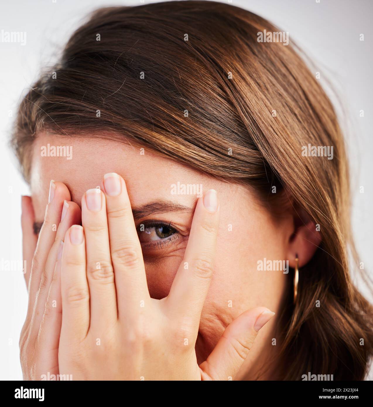 Cover, scary and woman with hands on eye to hide from surprise or fail ...