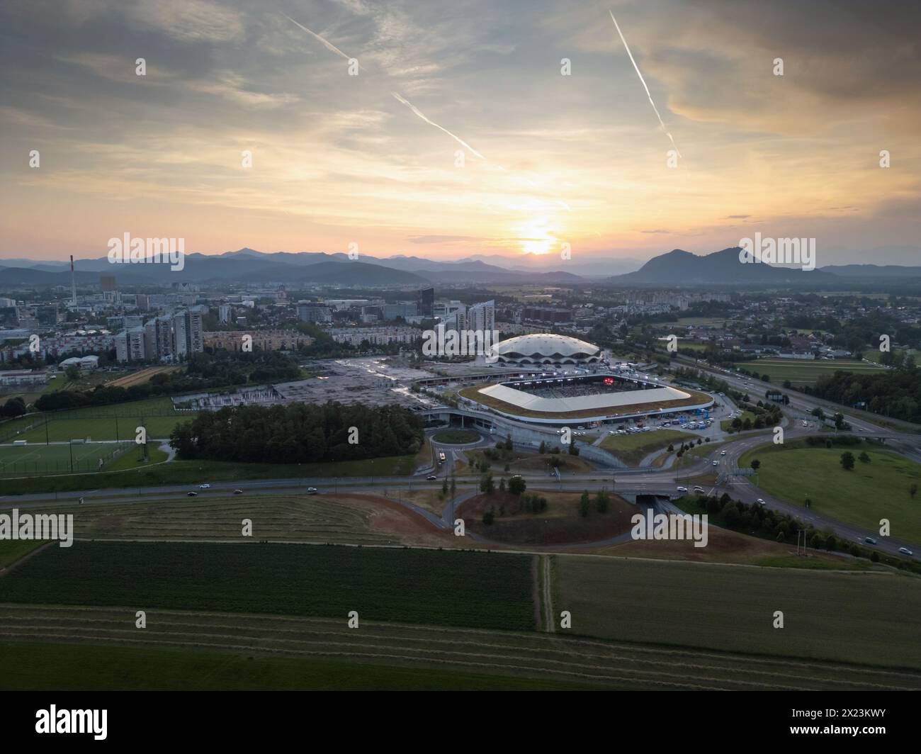 Spectacular scenery of the football stadium in Ljubljana, Slovenia at ...