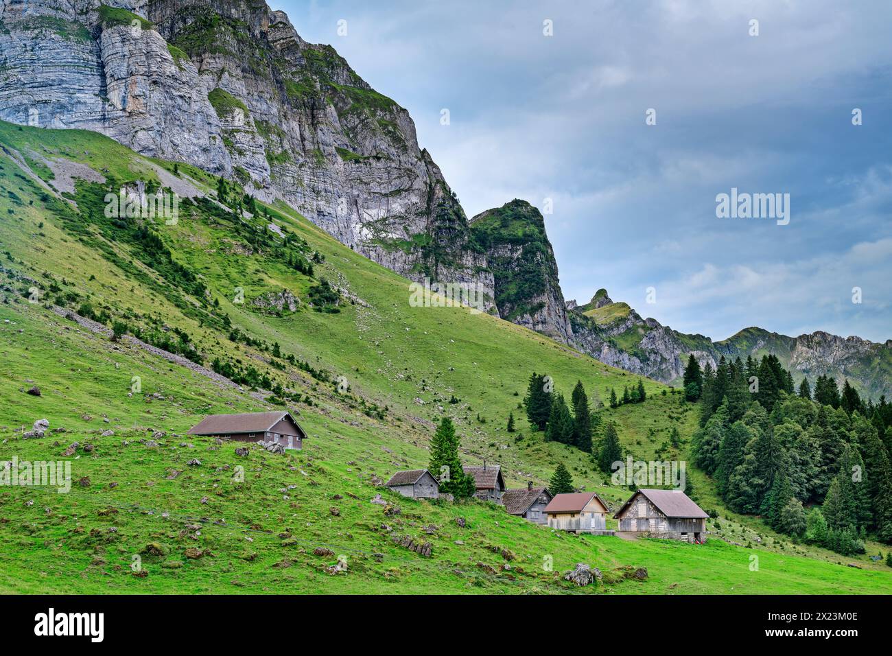 Alpine huts stand in front of rock faces of the Säntis, Schwägalp ...