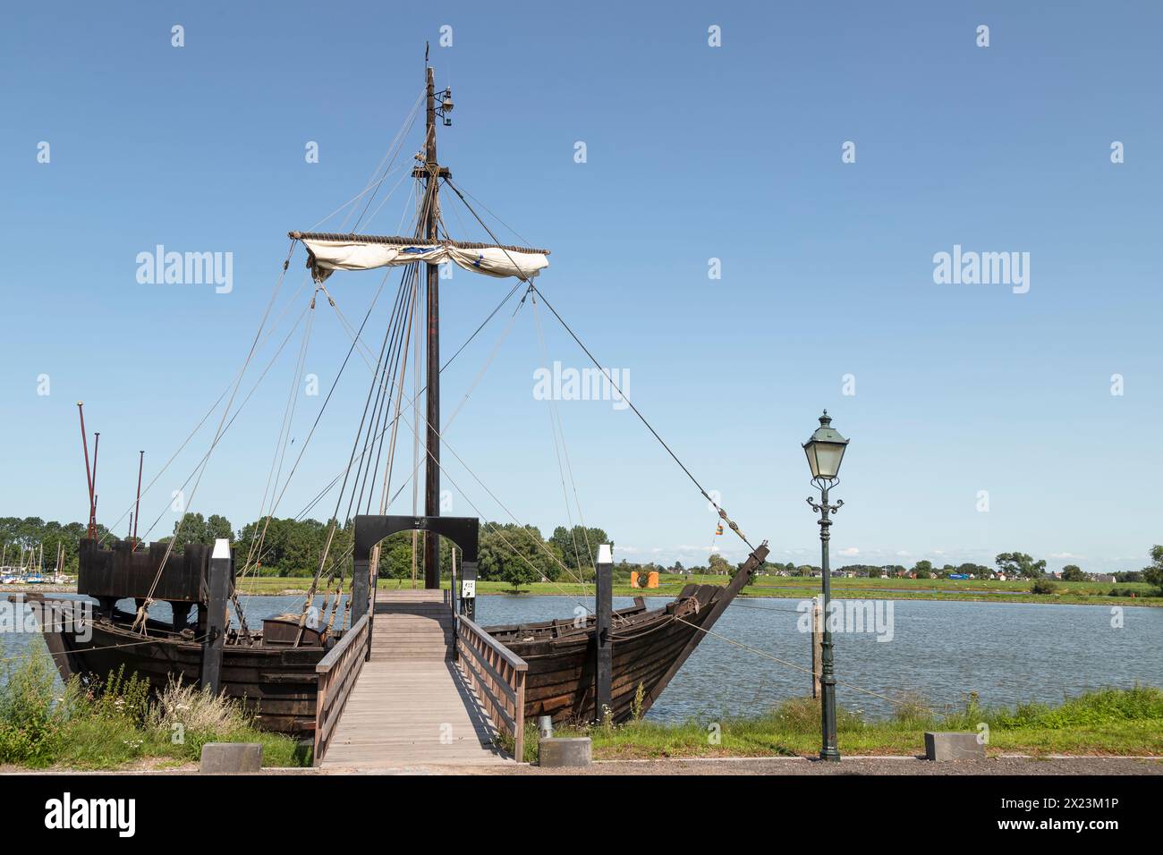 Replica of an old merchant ship -Kamper Kogge, along the river IJssel ...