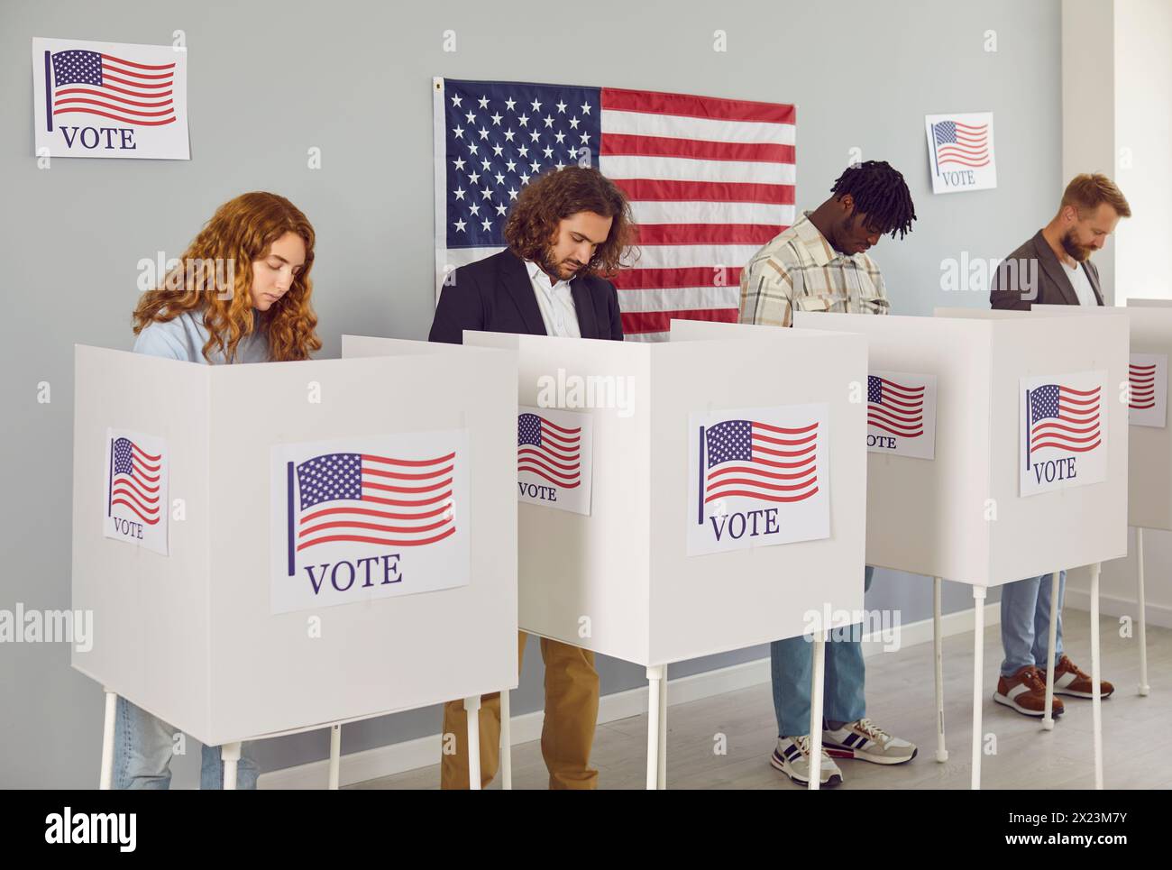 American citizens standing at vote center in voting booth putting ...