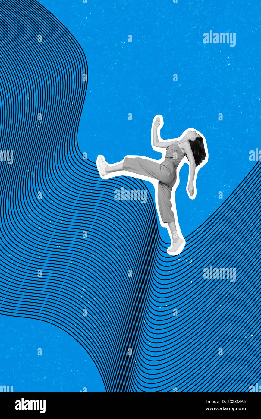 Vertical photo collage of young girl step sleep sleepwalker trance ...