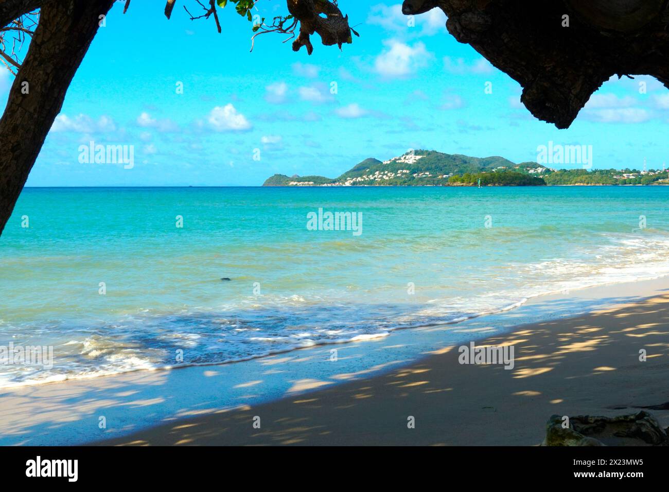 A romantic view of the pale blue sea and sandy beach visible under a ...