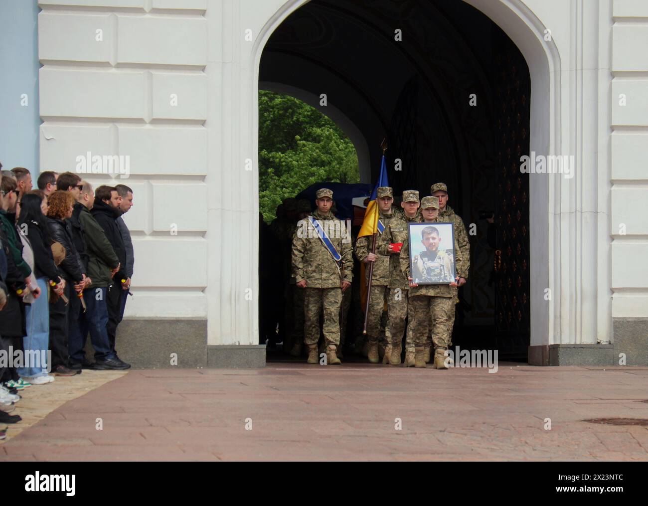 KYIV, UKRAINE - APRIL 19, 2024 - The funeral procession emerges from St ...