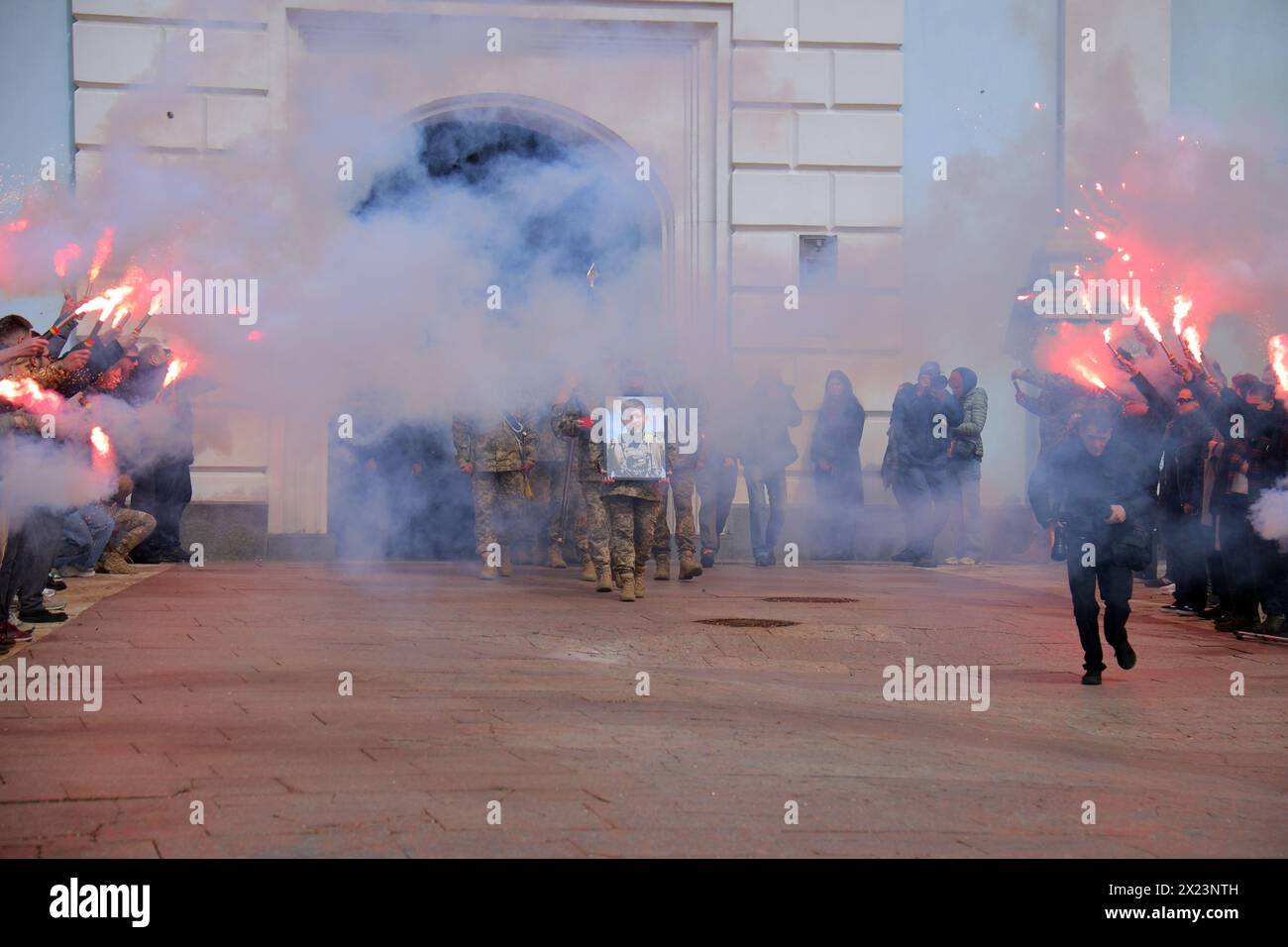 KYIV, UKRAINE - APRIL 19, 2024 - The funeral procession emerges from St ...