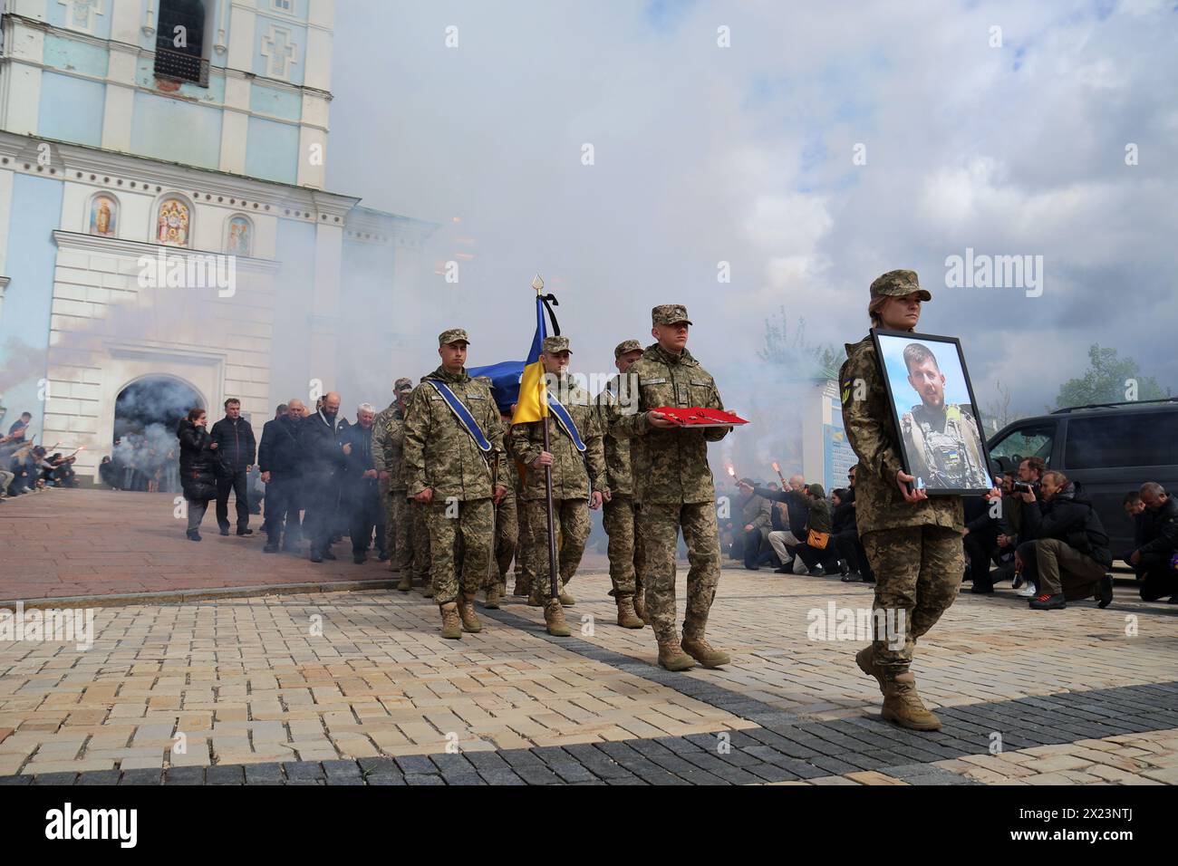 KYIV, UKRAINE - APRIL 19, 2024 - The funeral procession emerges from St ...