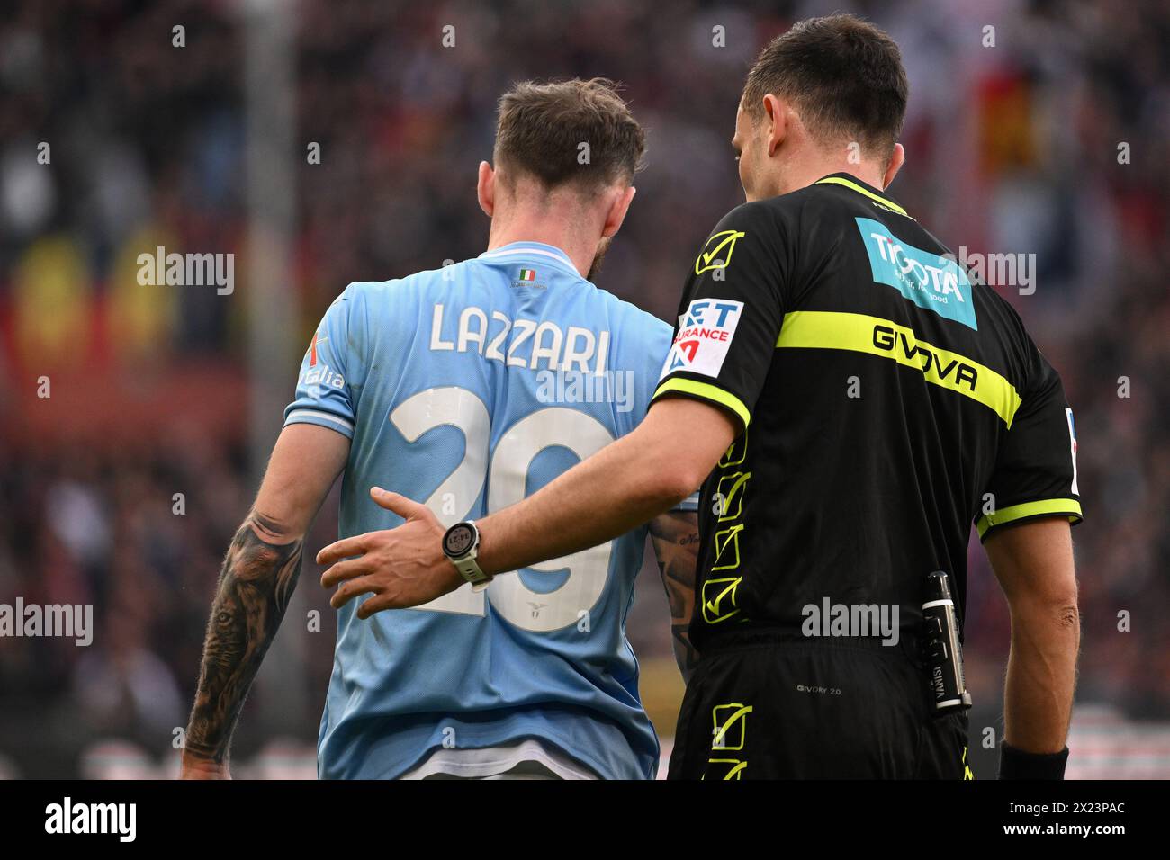 Genoa, Italy. 19th Apr, 2024. Manuel Lazzari of S.S. Lazio and Referee Ermanno Feliciani during ...