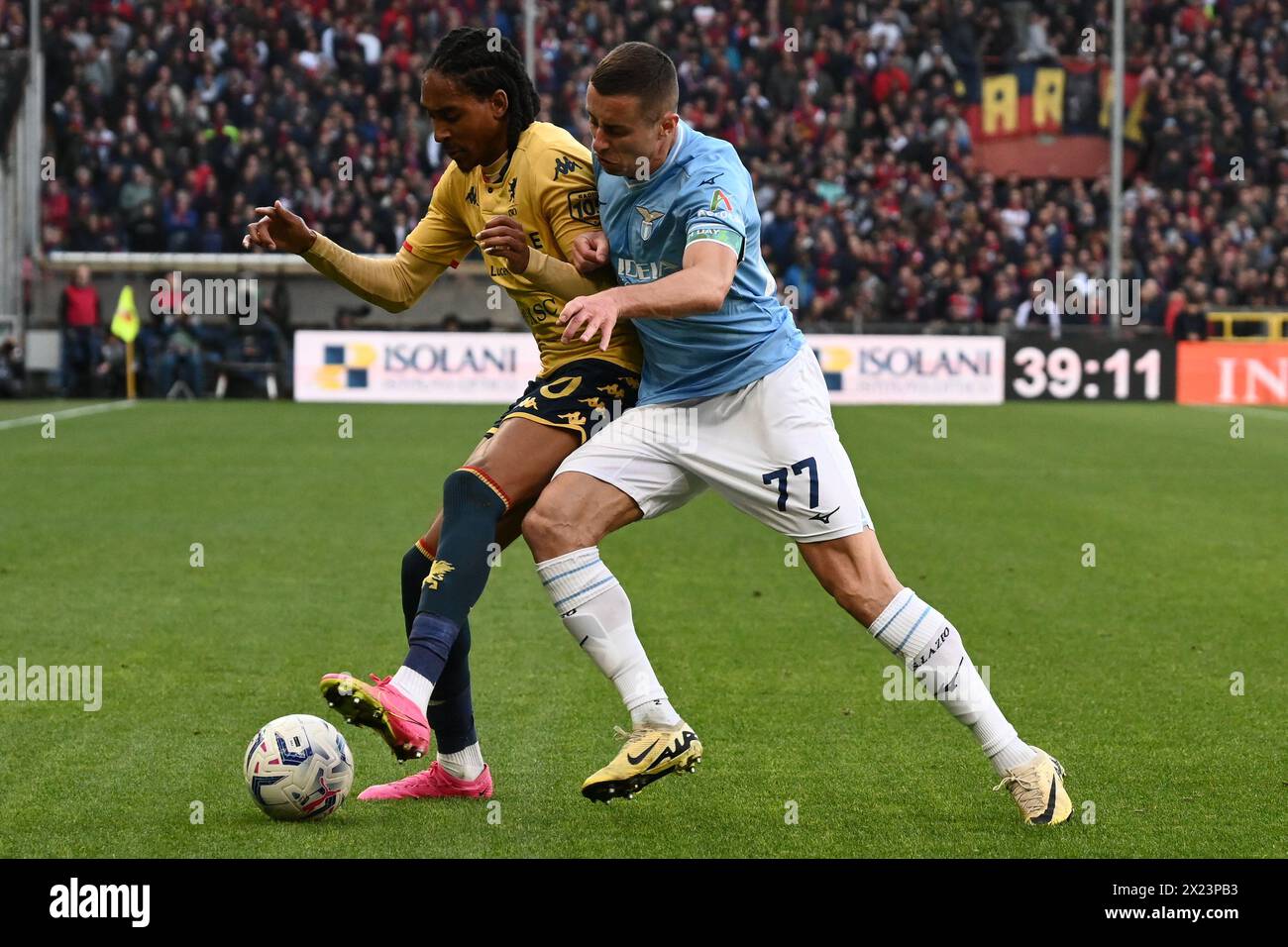 Genoa, Italy. 19th Apr, 2024. Djed Spence of Genoa C.F.C. and Adam Marusic of S.S. Lazio during ...