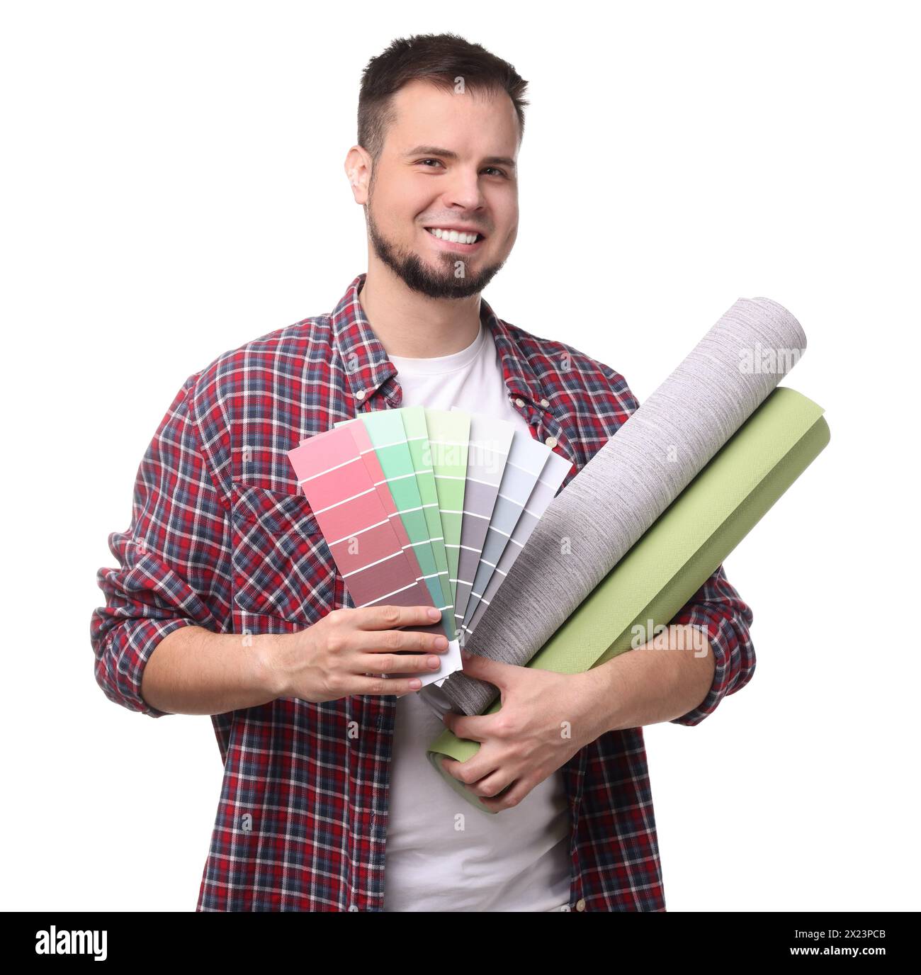Man with wallpaper rolls and color palette on white background Stock ...
