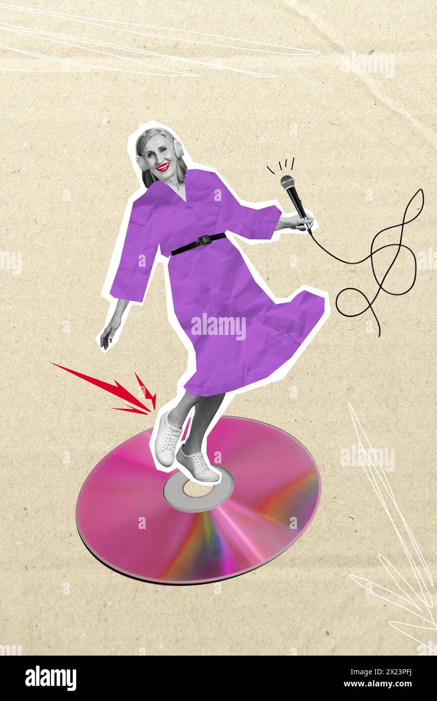 Vertical photo collage of happy aged woman hold mic wear headphones ...