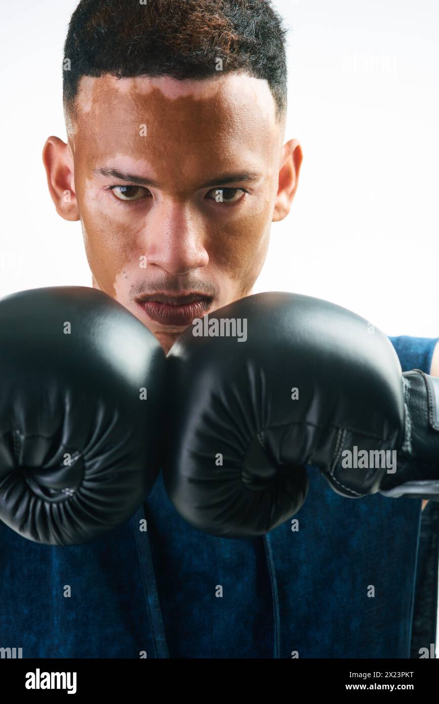 Boxing, fitness and portrait of man in studio with sports, attitude and ...
