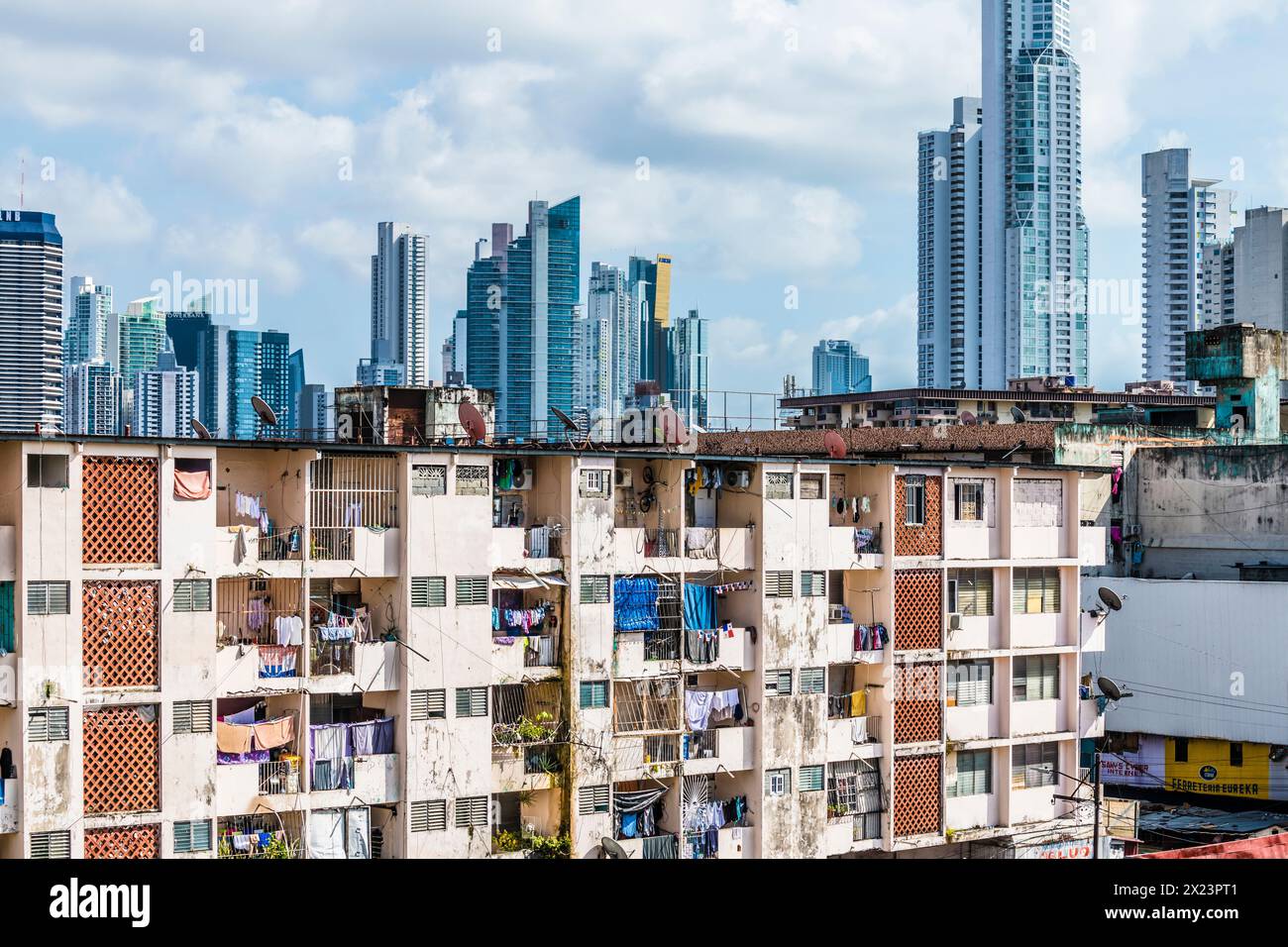 Slums with high-rise buildings in the background, Panama City, Panama ...