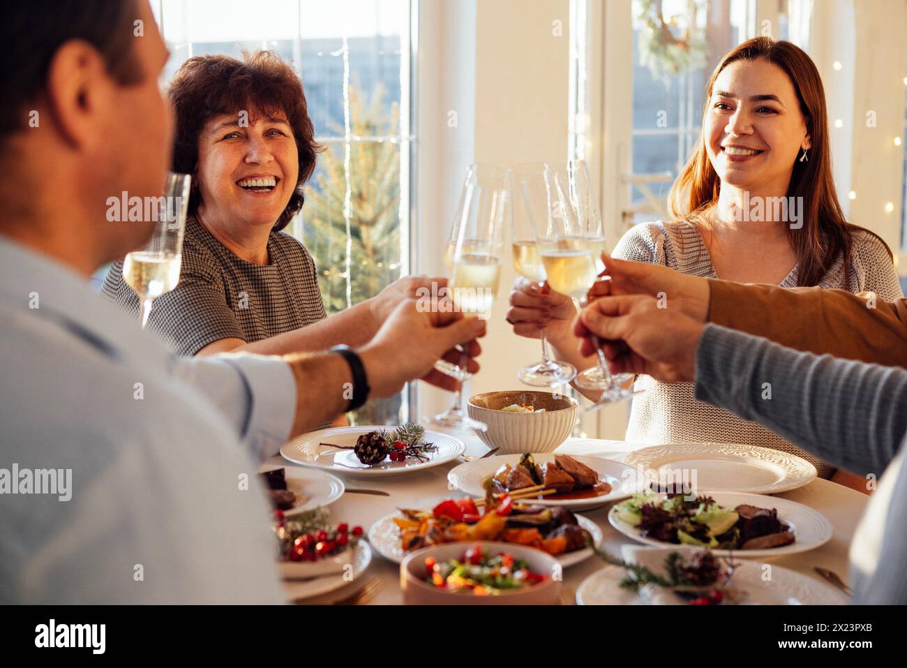 Happy family raises toast with sparkling wine at festive Christmas ...