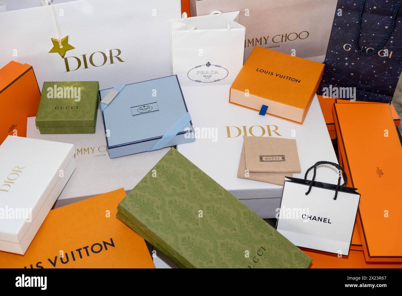 Various Luxury Brand boxes and packaging Stock Photo - Alamy