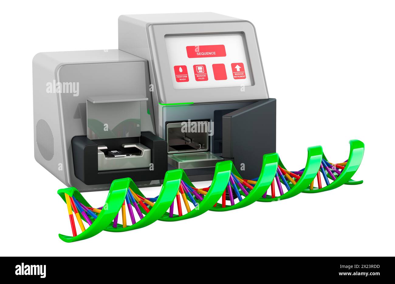 DNA spiral with DNA sequencer. Biotechnology research, concept. 3D ...