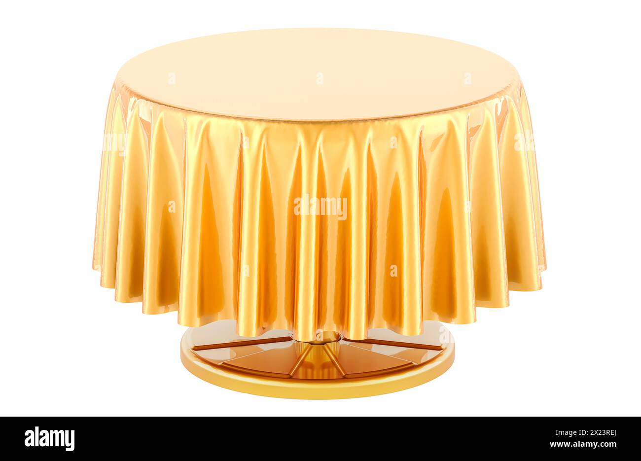 Empty round table with golden table cloth. 3D rendering isolated on ...