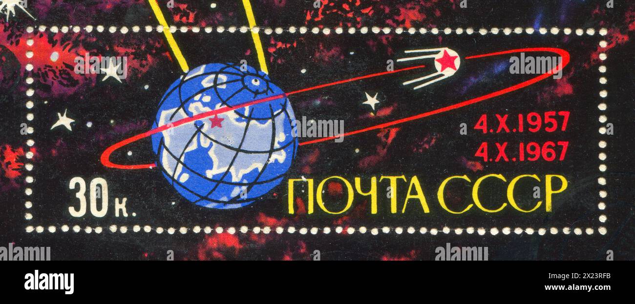 RUSSIA - CIRCA 1967: stamp printed by Russia, shows Sputnik orbiting ...