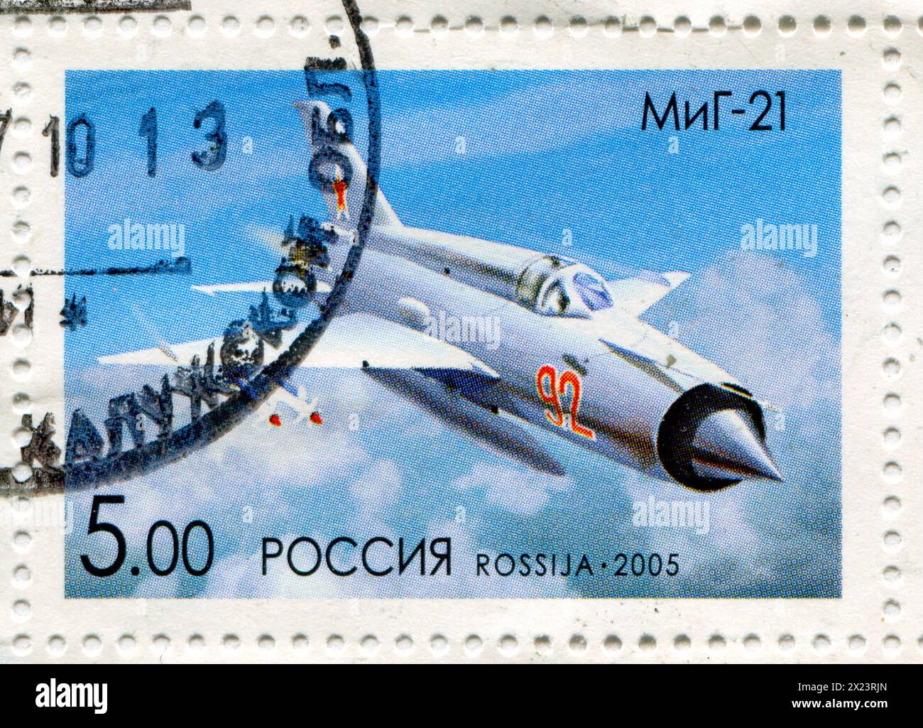 RUSSIA - CIRCA 2005: stamp printed by Russia, shows MiG 21 fighter ...
