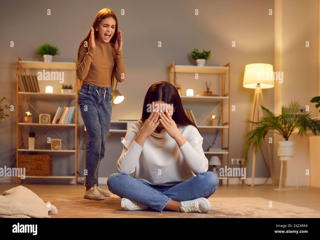 Angry disobedient emotional child daughter is quarreling with mother ...