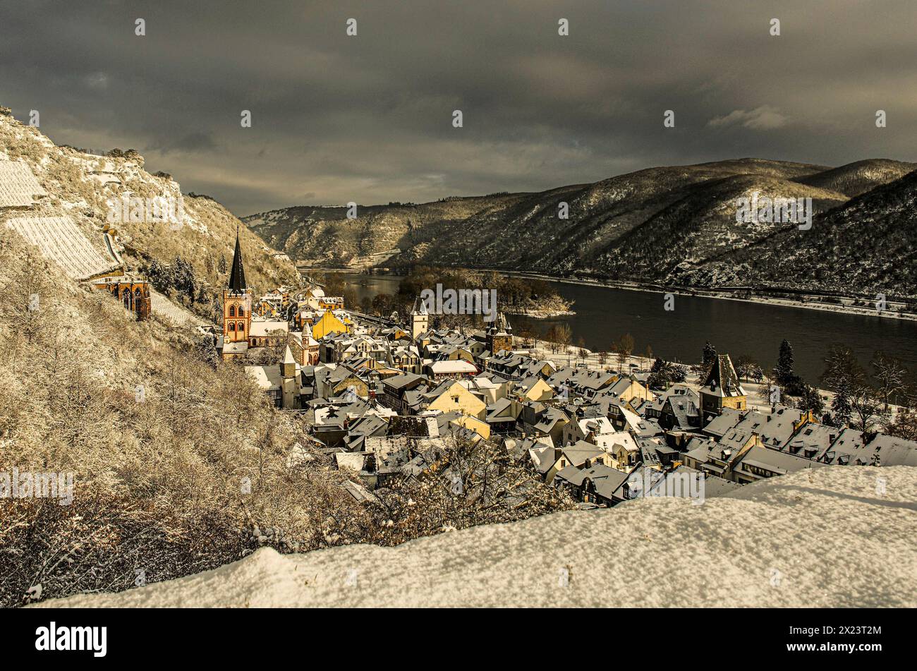 Old town of Bacharach and the Rhine Valley in winter, seen from the ...
