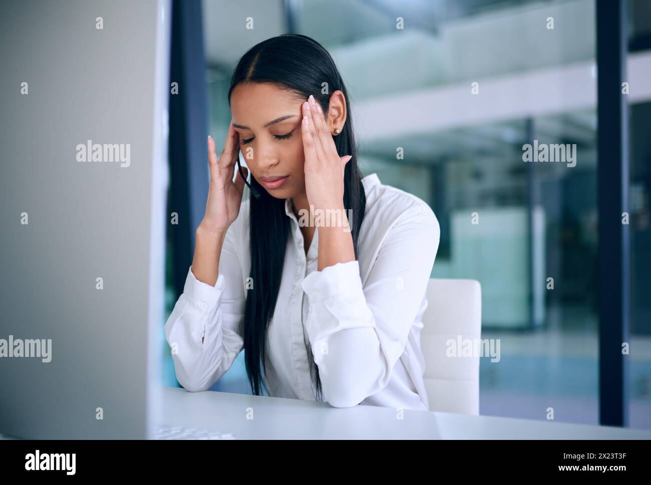 Business, woman and headache with stress, burnout and overworked with ...