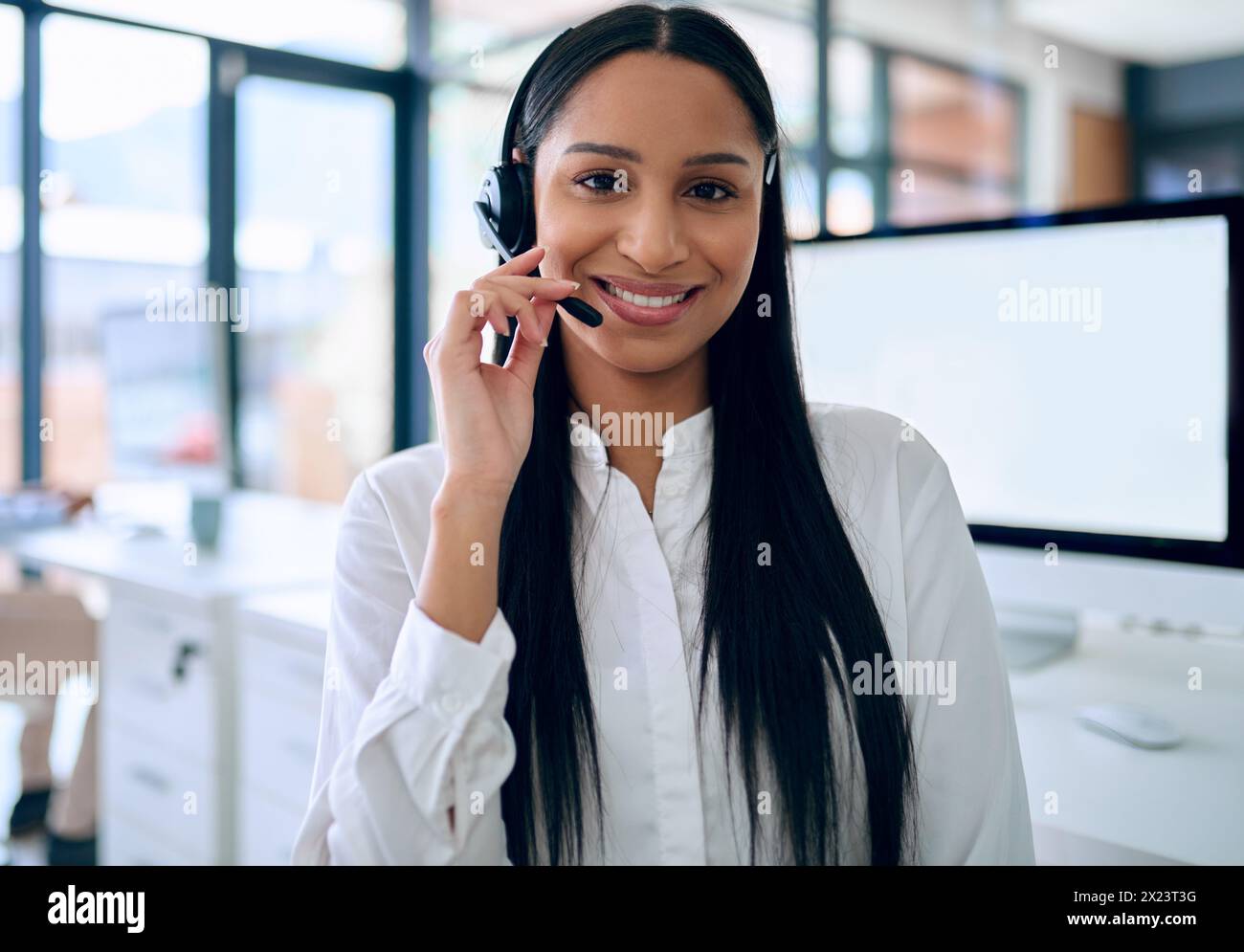 Indian woman, portrait and headset for telemarketing at call centre ...