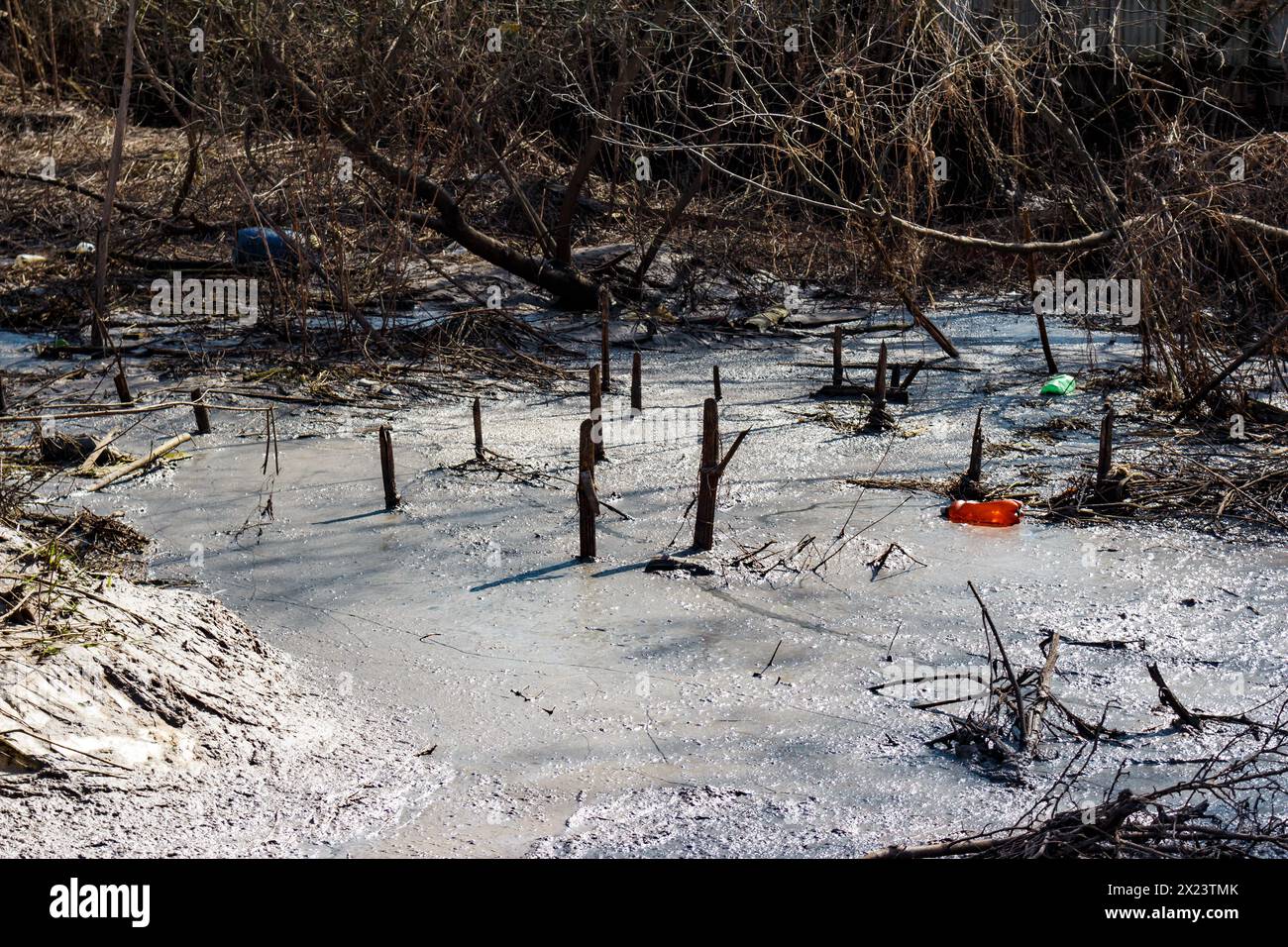 The ground is flooded with smelly sewage after a sewerage treatment ...