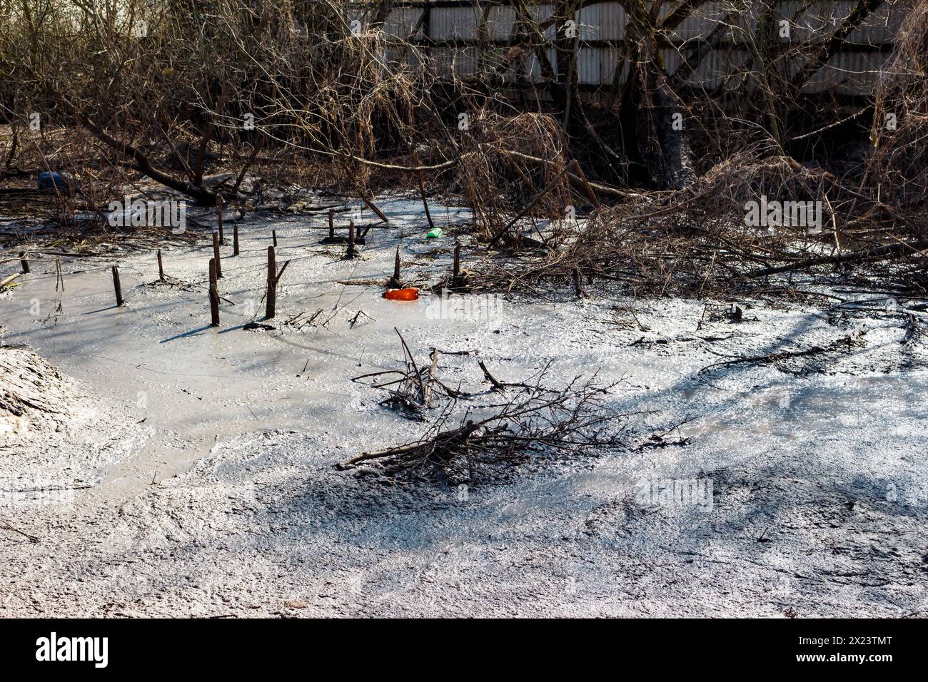 The ground is flooded with smelly sewage after a sewerage treatment ...