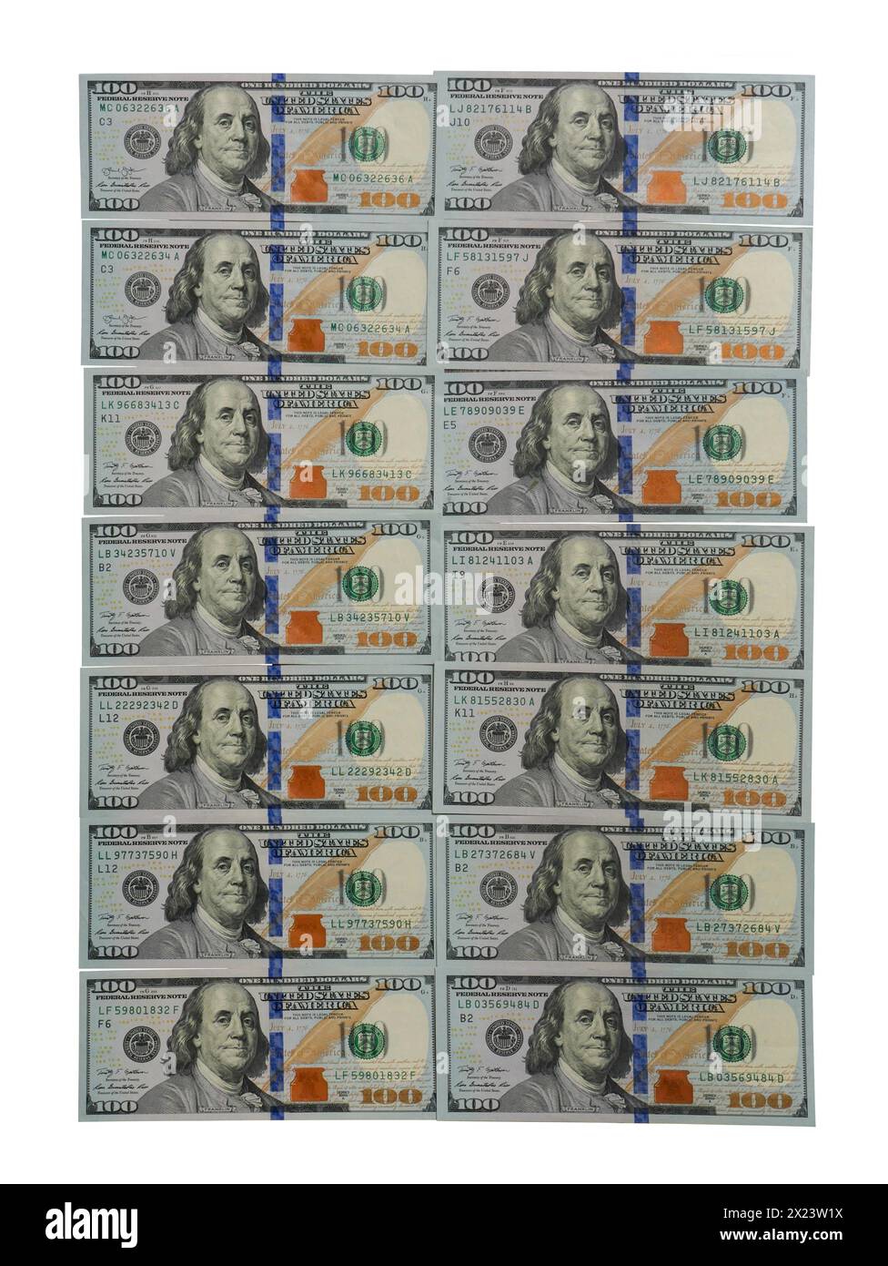 A vertical photo of one hundred dollar bills lying flat in a row ...