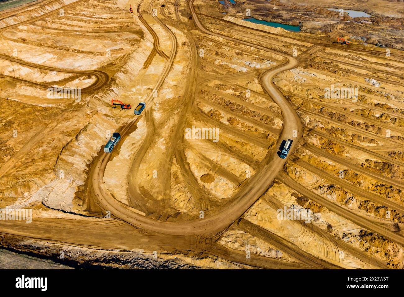 Aerial view of a sand quarry, loading sand into dump trucks Stock Photo ...