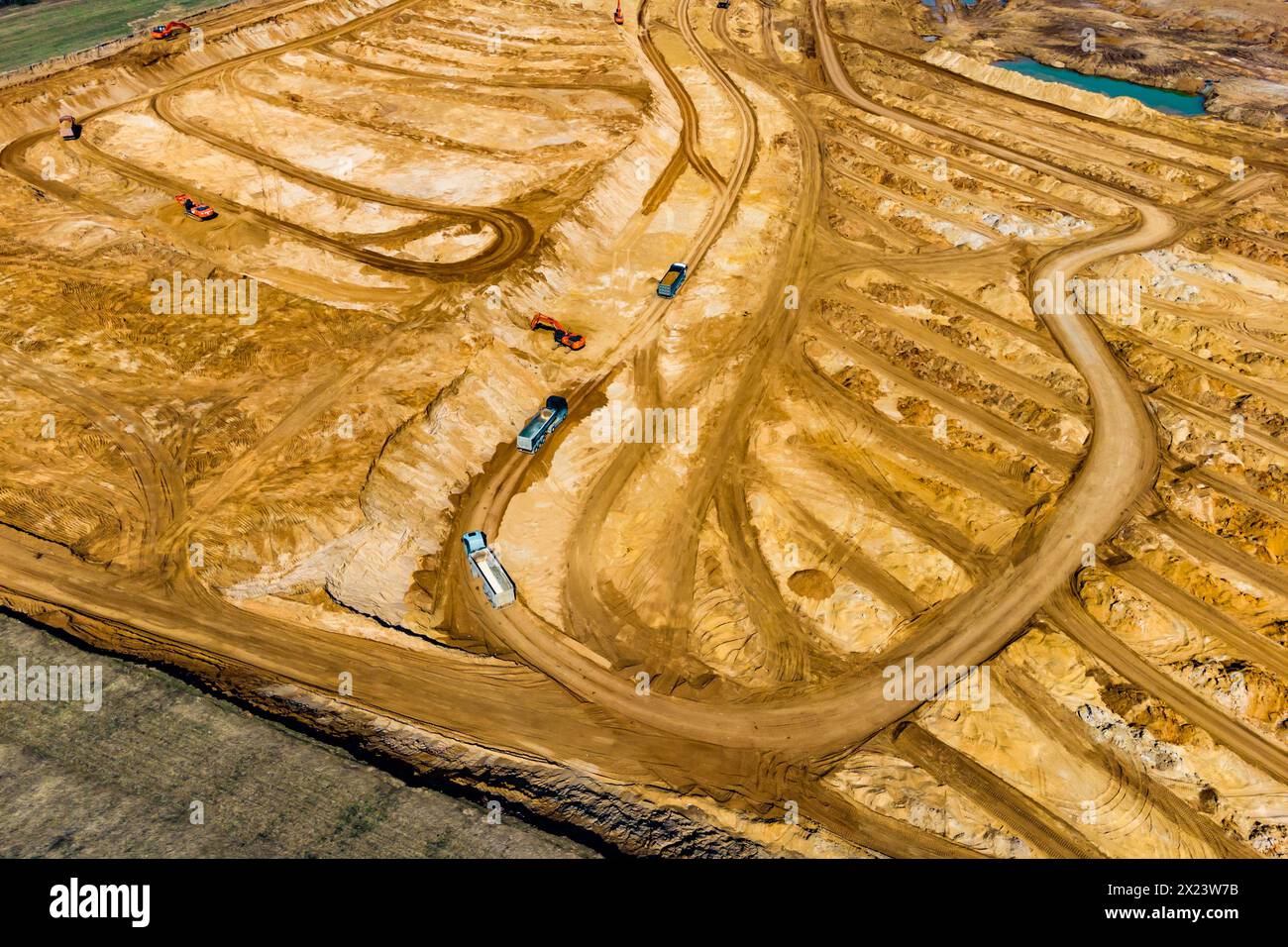 Aerial view of a sand quarry, loading sand into dump trucks Stock Photo ...