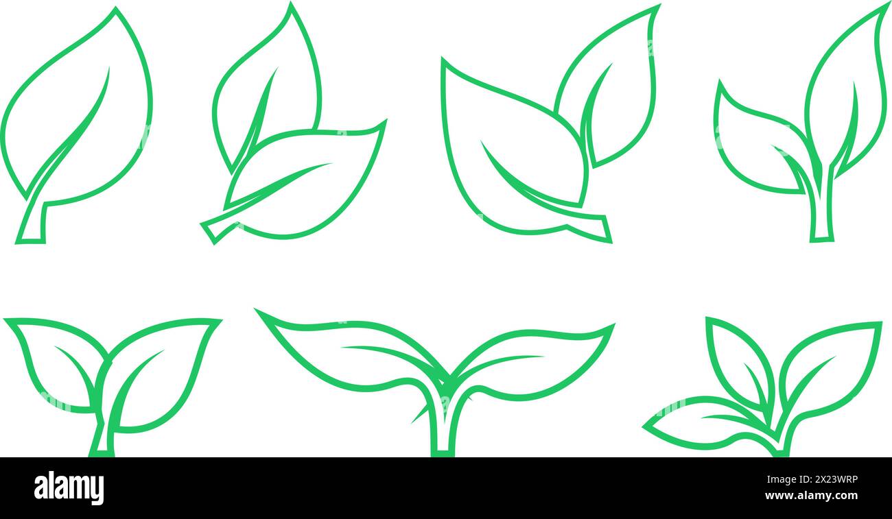 Set of linear green leaves icons as a symbols of environmental ...