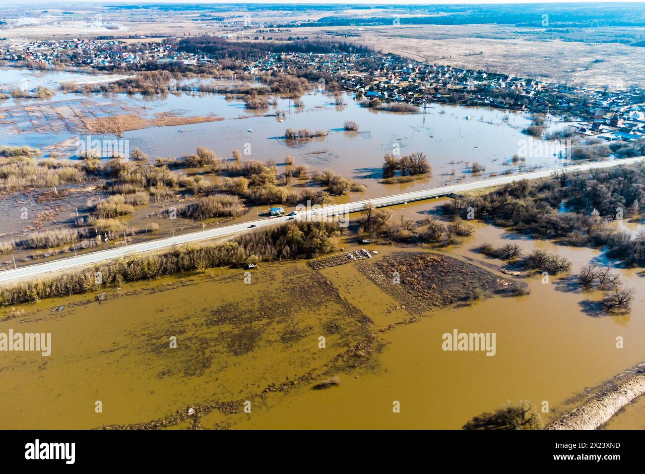 Aerial view of the area flooded during the spring flood through which ...