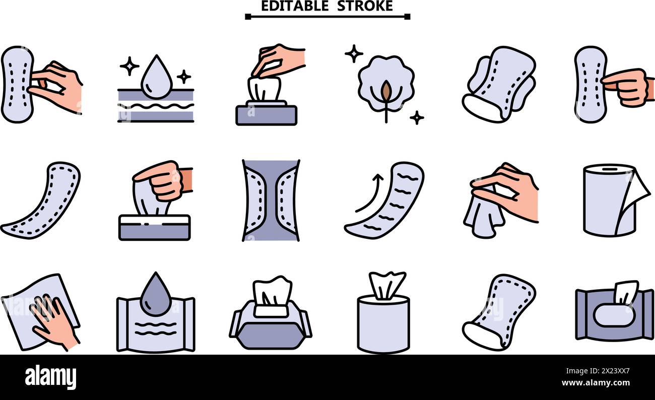 Feminine hygiene pad color icons set. Hygiene sanitary napkin product ...