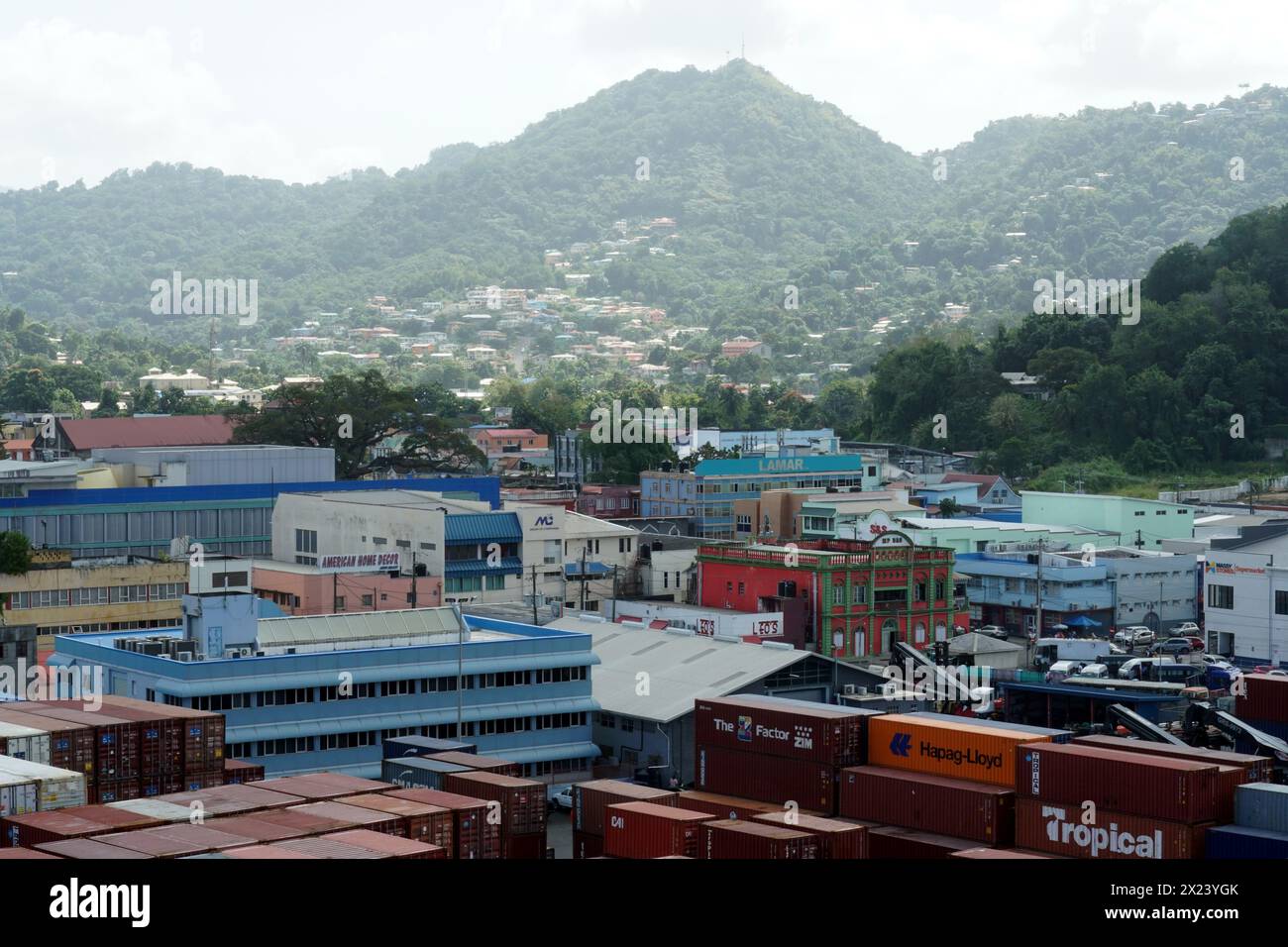 Loading container terminal in port of Castries, St. Lucia, with typical ...
