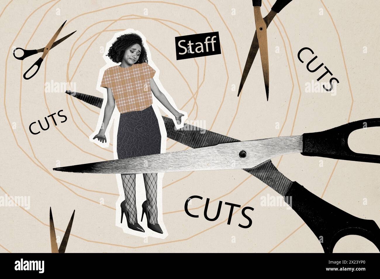 Creative trend collage of confused female employee staff cuts scissors ...