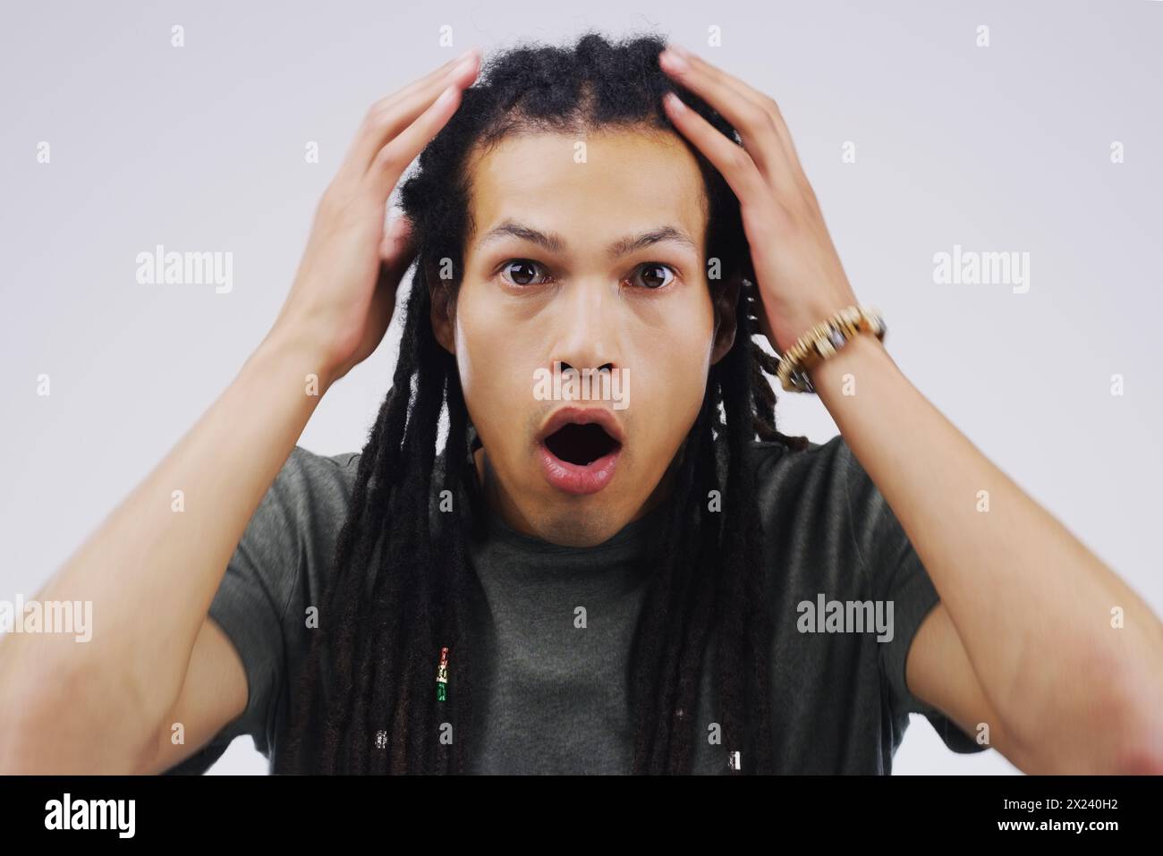 African man, dreadlocks and wow in studio for news, gossip or ...