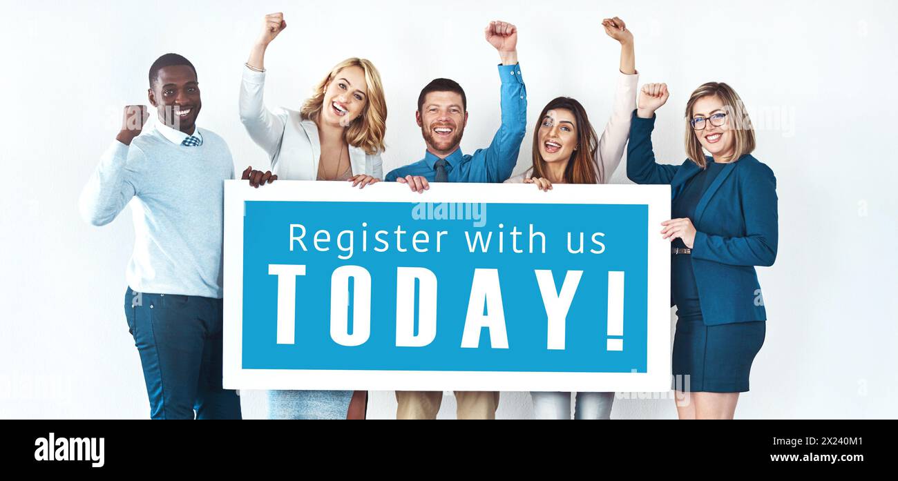 People, happy and poster to register in studio on white background with ...