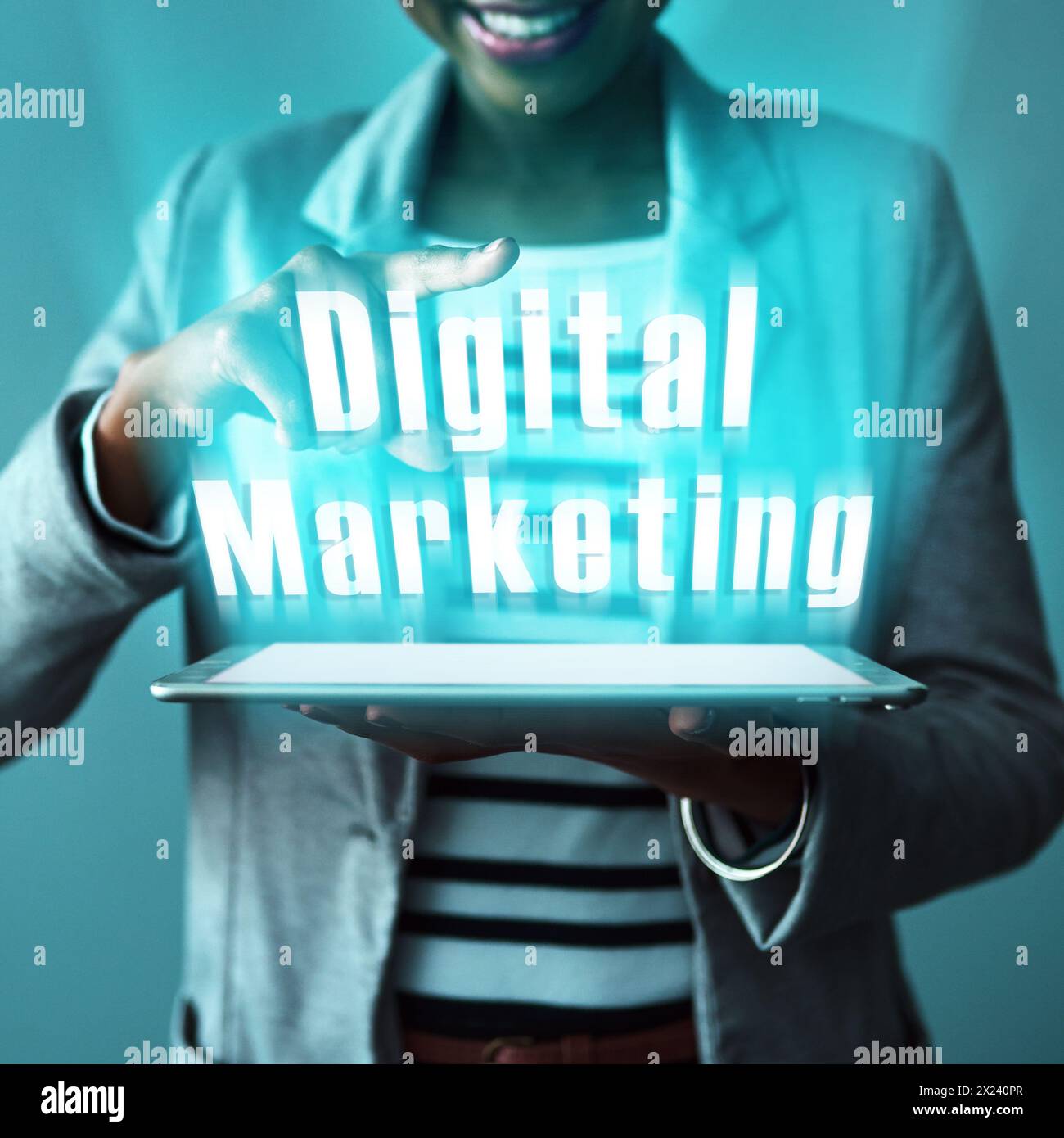 Digital marketing, tablet and business woman with hologram and words ...
