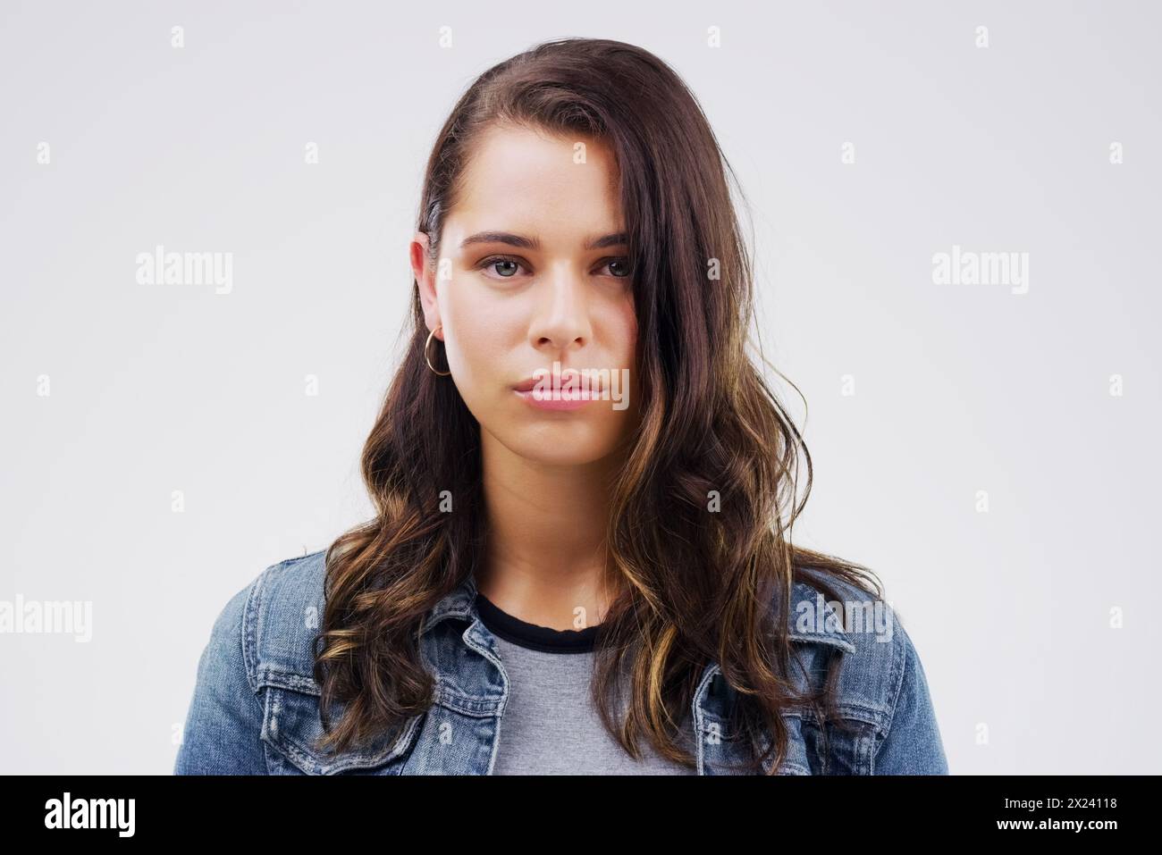 Studio, serious and woman in portrait, face and student isolated on ...
